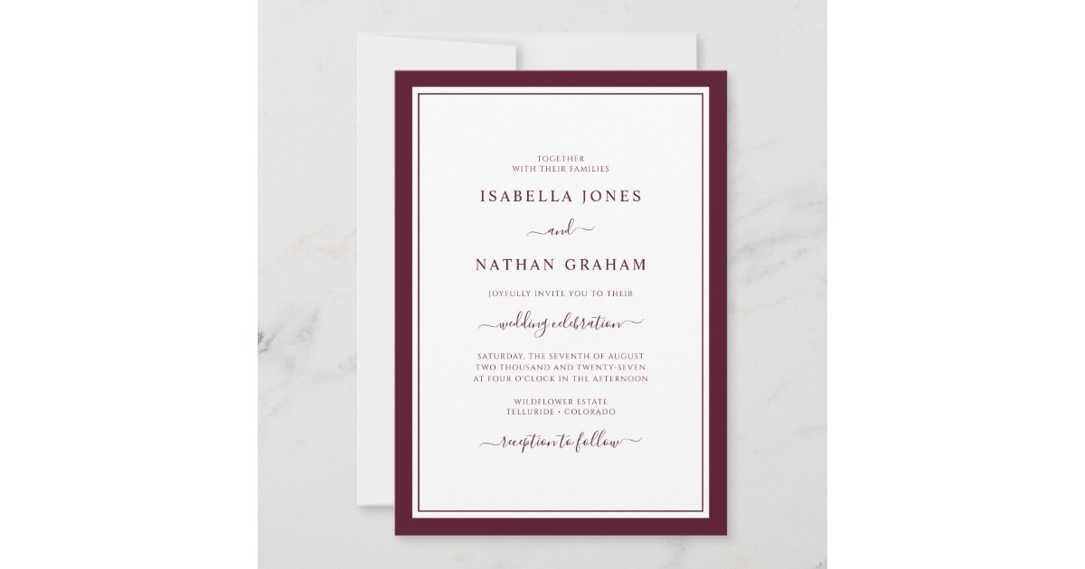 Elegant Border Minimalist Burgundy Script Wedding Invitation | Zazzle