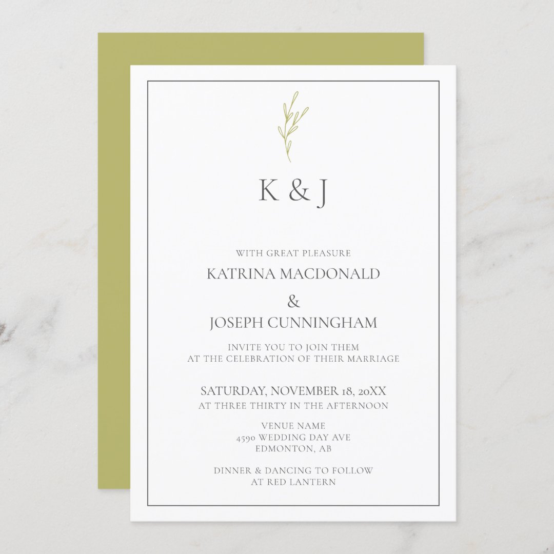 Elegant Border Monogram sage green Leaf Minimalist Invitation | Zazzle