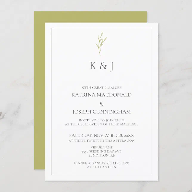 Elegant Border Monogram sage green Leaf Minimalist Invitation | Zazzle