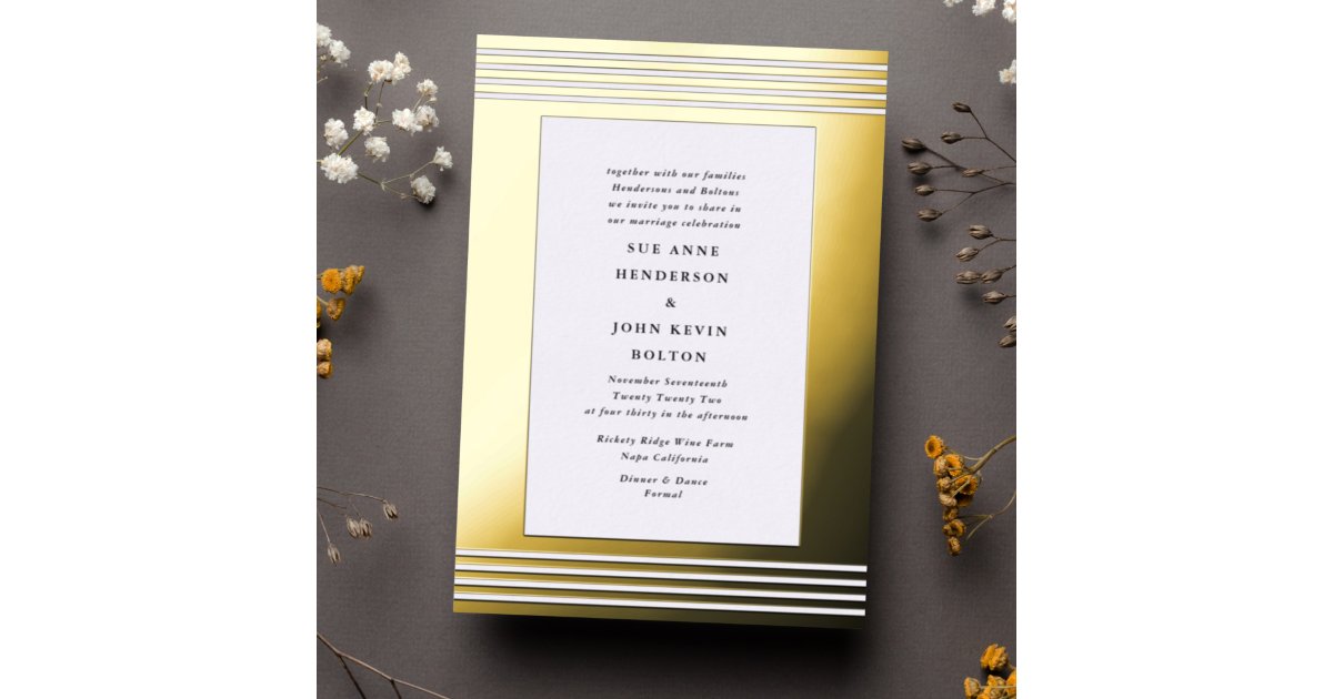 Elegant Border | Yellow Real Gold Frame Wedding Foil Invitation | Zazzle