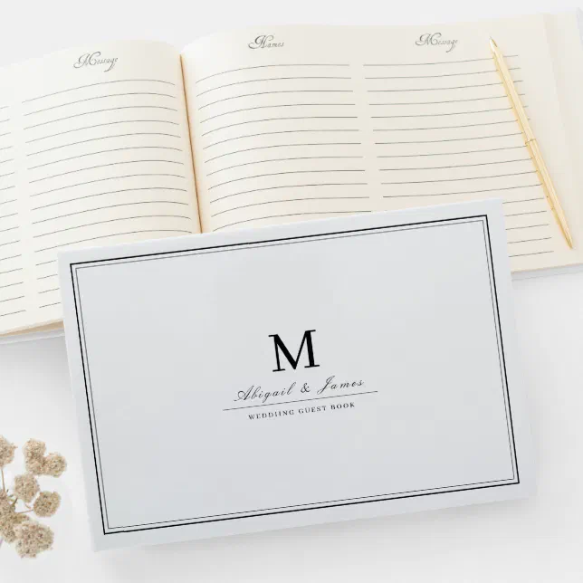 Elegant borders black white minimalist monogram guest book | Zazzle