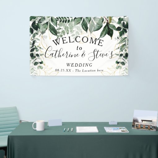 Elegant Botanic Greenery Wedding welcome backdrop Banner | Zazzle