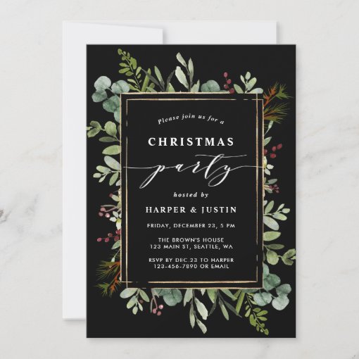 Elegant Botanical Christmas Party Black Invitation | Zazzle