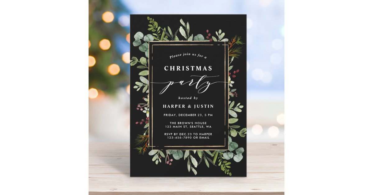 Elegant Botanical Christmas Party Black Invitation | Zazzle