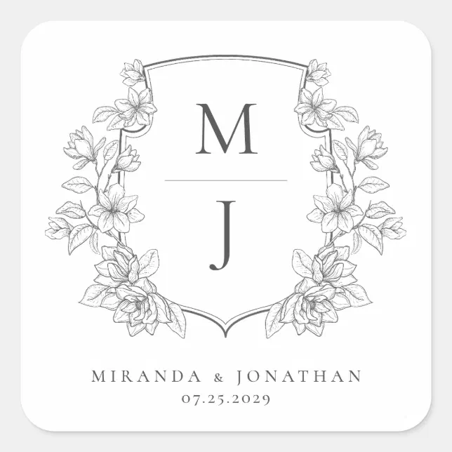 Elegant Botanical Crest Monogram Wedding Square Sticker | Zazzle