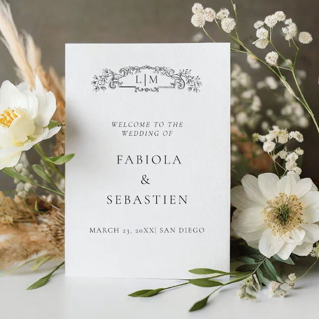Elegant botanical crest monogram Welcome sign | Zazzle
