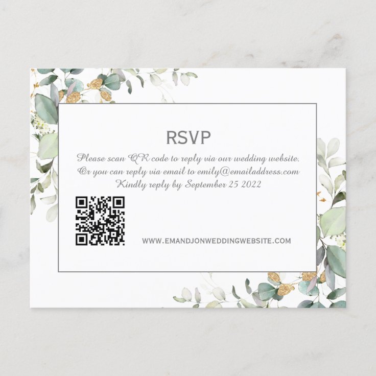Elegant Botanical Eucalyptus Greenery QR Code RSVP Postcard | Zazzle