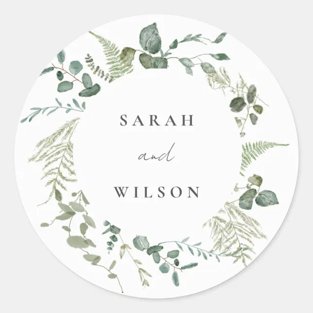 Elegant Botanical Eucalyptus Watercolor Wedding Classic Round Sticker ...