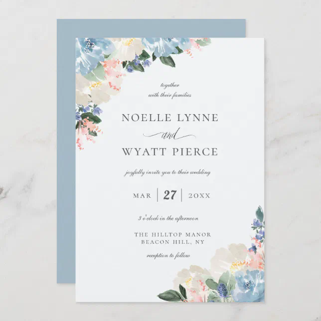 Elegant Botanical Floral Light Blue Wedding Invitation | Zazzle