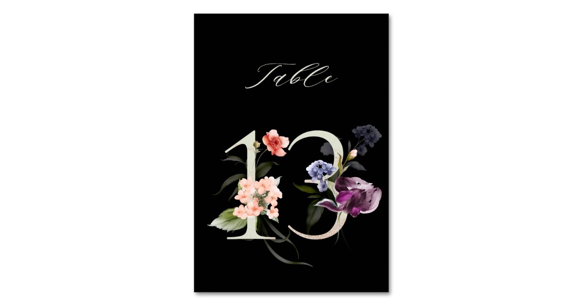 Elegant Botanical Floral Number 13, Black Table Number | Zazzle