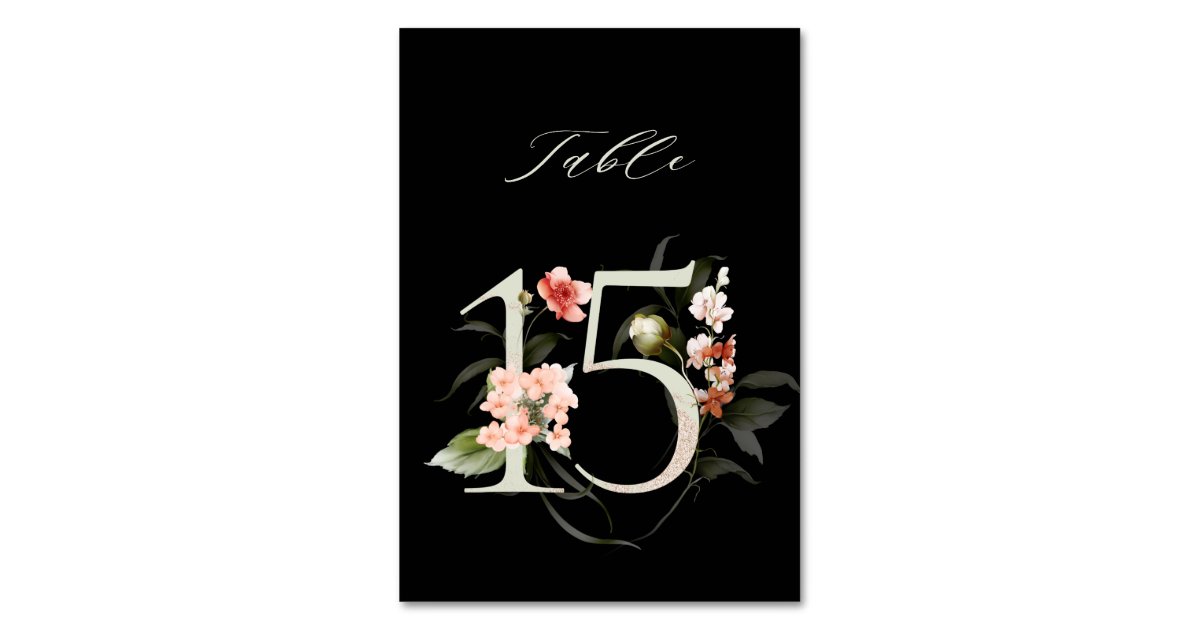 Elegant Botanical Floral Number 15, Black Table Number | Zazzle