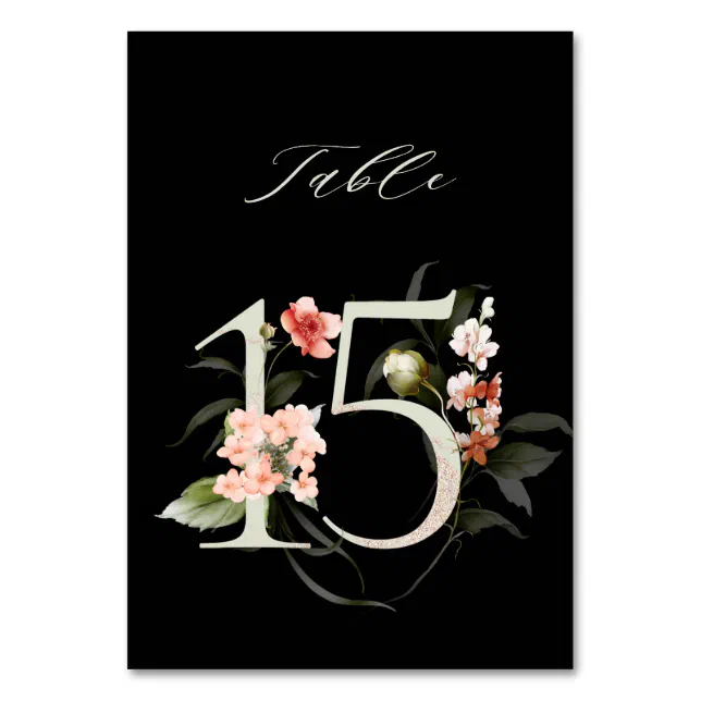 Elegant Botanical Floral Number 15, Black Table Number | Zazzle