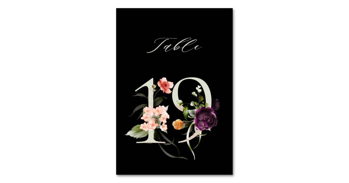 Elegant Botanical Floral Number 19, Black Table Number | Zazzle
