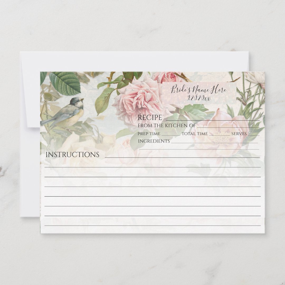 Elegant Botanical Floral w Birds Bridal Recipe Invitation | Zazzle