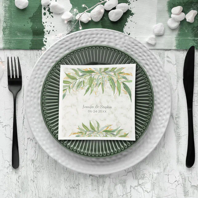 Elegant Botanical Greenery and Marble Wedding Napk Napkins | Zazzle