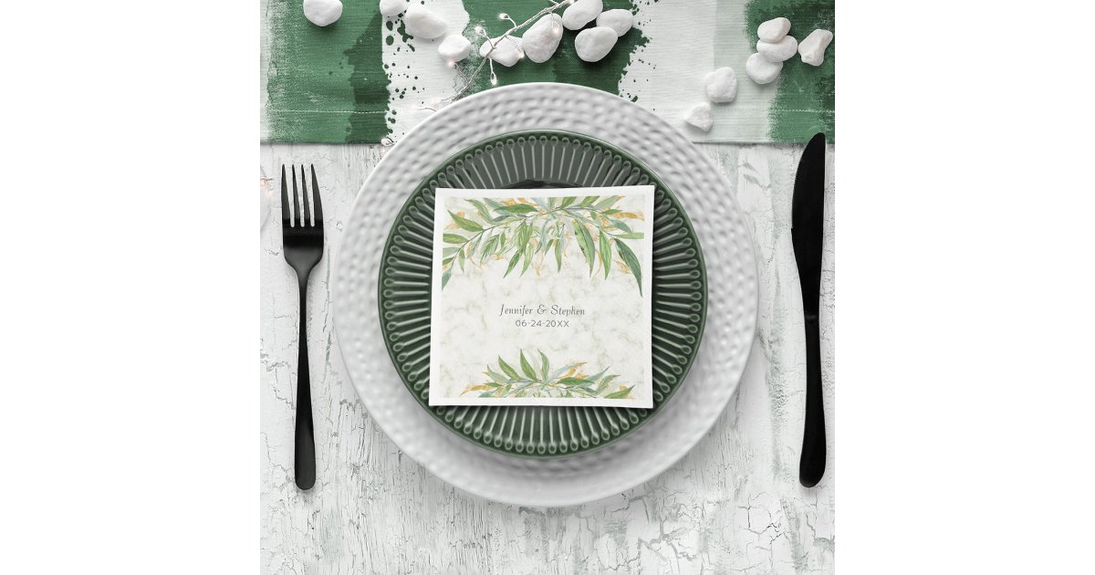 Elegant Botanical Greenery and Marble Wedding Napk Napkins | Zazzle