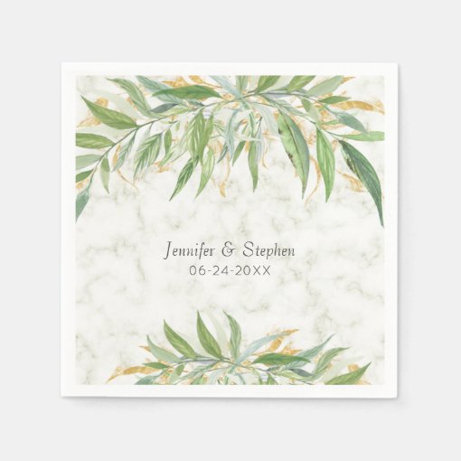 Elegant Botanical Greenery and Marble Wedding Napk Napkins | Zazzle