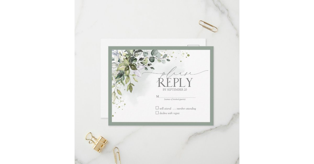 Elegant Botanical Greenery Floral Watercolor RSVP Invitation Postcard ...