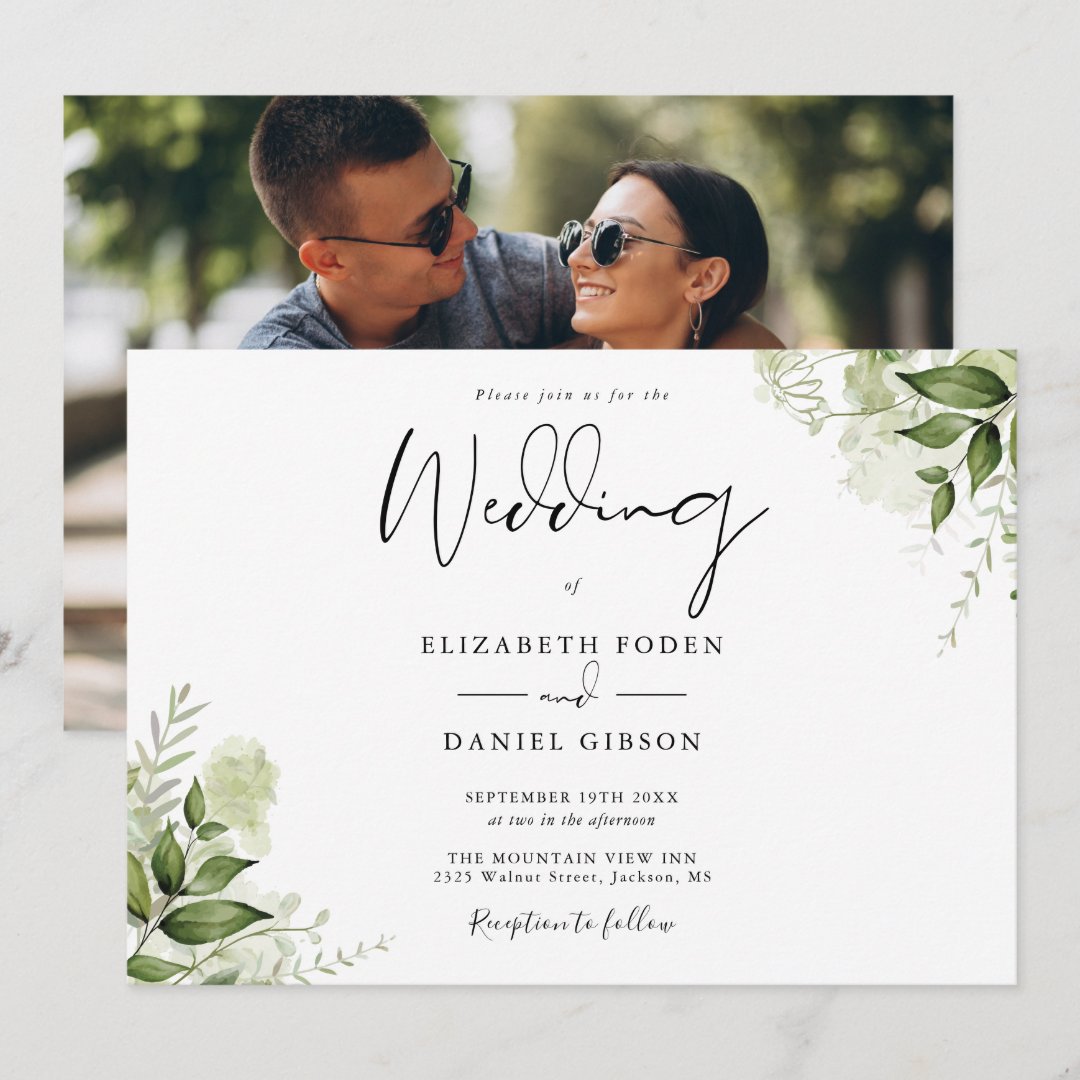 Elegant Botanical Greenery Leaves Photo Wedding Invitation | Zazzle