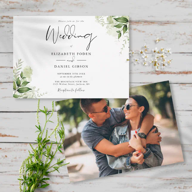 Elegant Botanical Greenery Leaves Photo Wedding Invitation | Zazzle