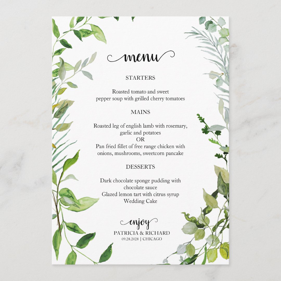 Elegant Botanical Greenery Wedding Wedding Menu | Zazzle