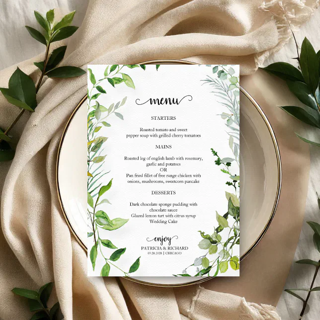 Elegant Botanical Greenery Wedding Wedding Menu | Zazzle