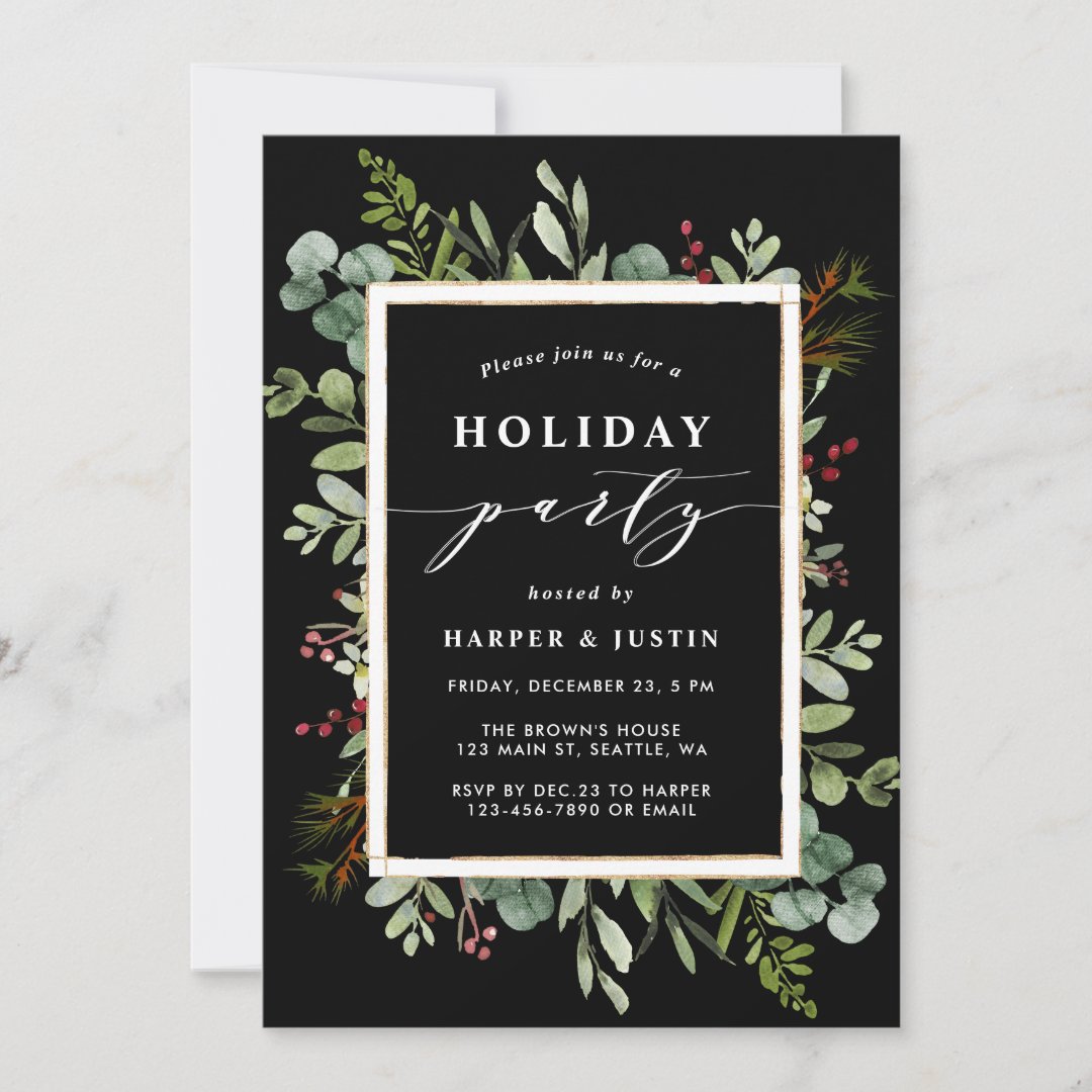 Elegant Botanical Holiday Party Black Invitation | Zazzle