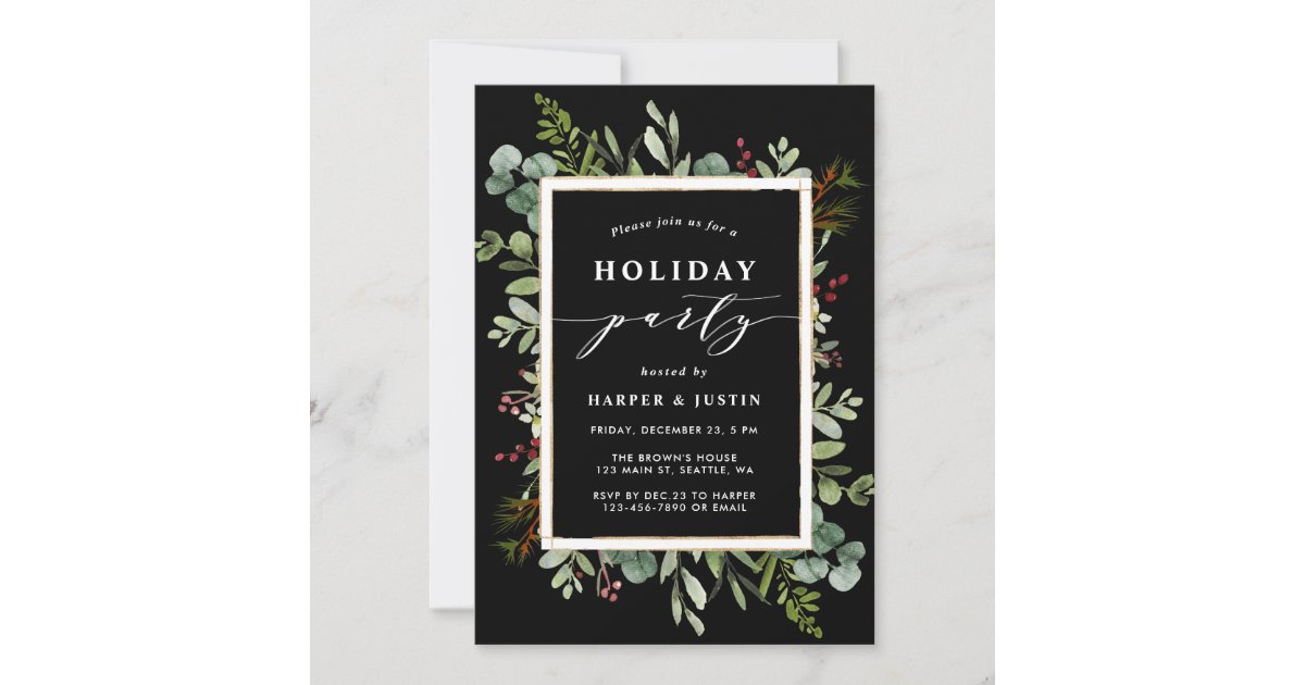 Elegant Botanical Holiday Party Black Invitation | Zazzle
