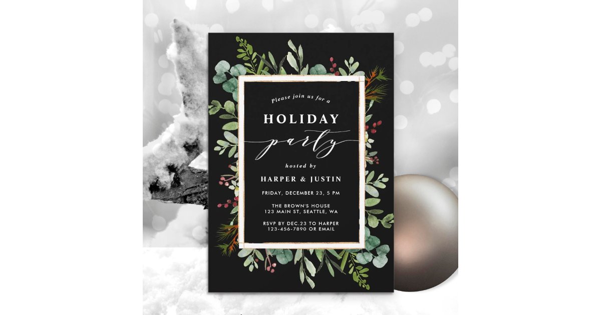Elegant Botanical Holiday Party Black Invitation | Zazzle