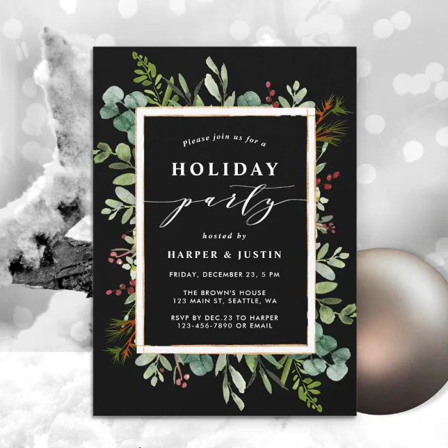 Elegant Botanical Holiday Party Black Invitation | Zazzle