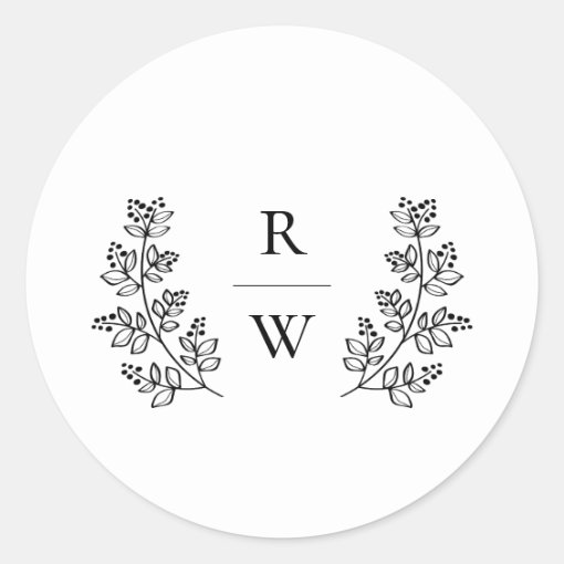 Elegant Botanical Leaf Monogram Initial Wedding Classic Round Sticker ...