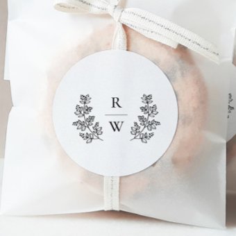 Elegant Botanical Leaf Monogram Initial Wedding Classic Round Sticker ...