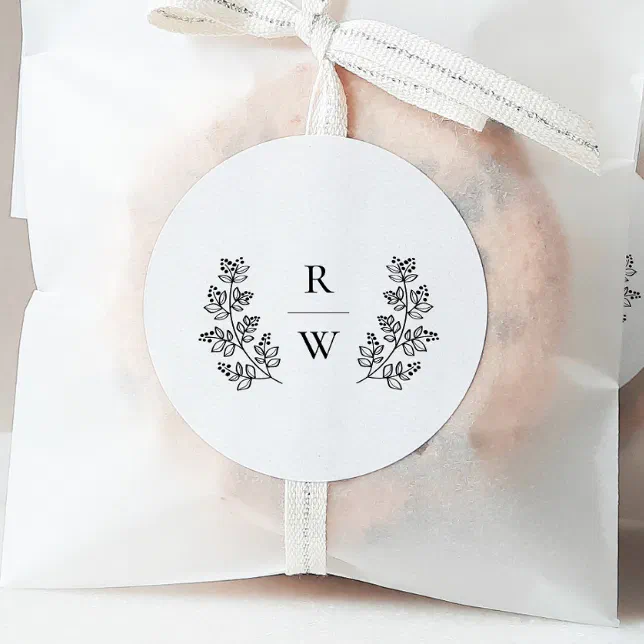 Elegant Botanical Leaf Monogram Initial Wedding Classic Round Sticker ...