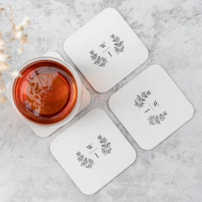 Elegant Botanical Leaf Monogram Initial Wedding Square Paper Coaster ...