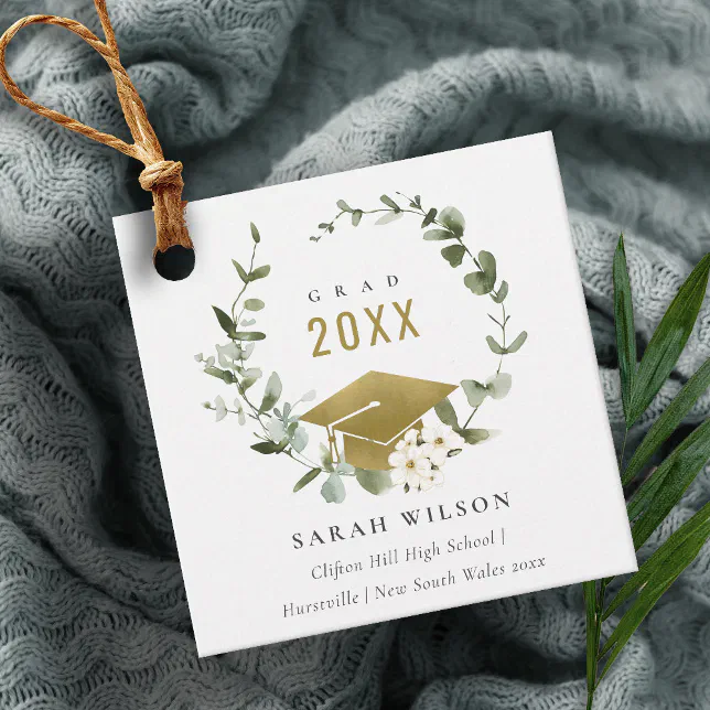 Elegant Botanical Leafy Wreath Gold Graduation Favor Tags | Zazzle