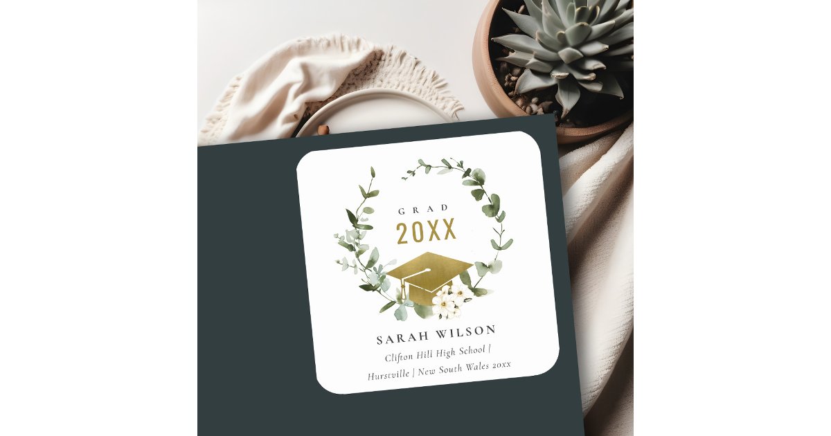 Elegant Botanical Leafy Wreath Gold Graduation Square Sticker | Zazzle
