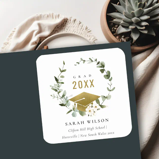 Elegant Botanical Leafy Wreath Gold Graduation Square Sticker | Zazzle