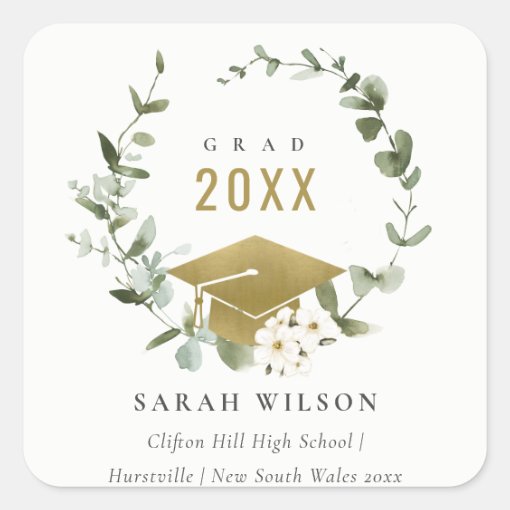 Elegant Botanical Leafy Wreath Gold Graduation Square Sticker | Zazzle