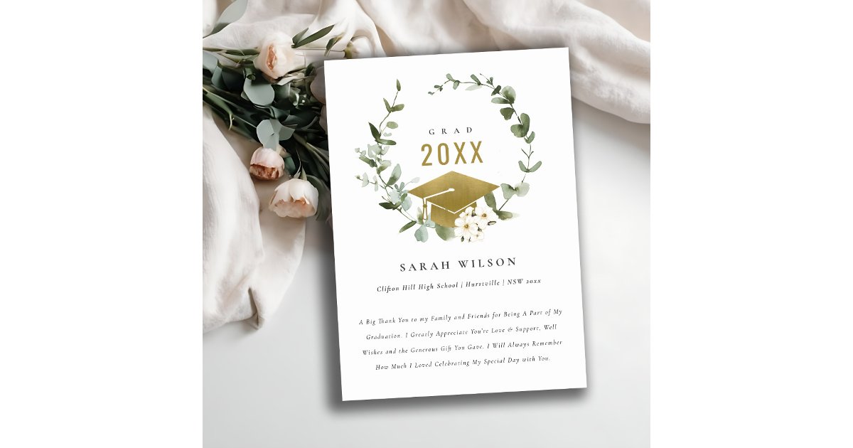 Elegant Botanical Leafy Wreath Gold Graduation Thank You Card | Zazzle