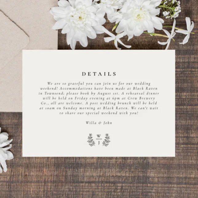 Elegant Botanical Monogram Initial Wedding Details RSVP Card | Zazzle