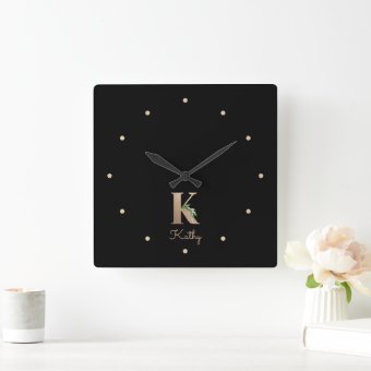 Elegant Botanical Monogram Letter K Square Wall Clock | Zazzle