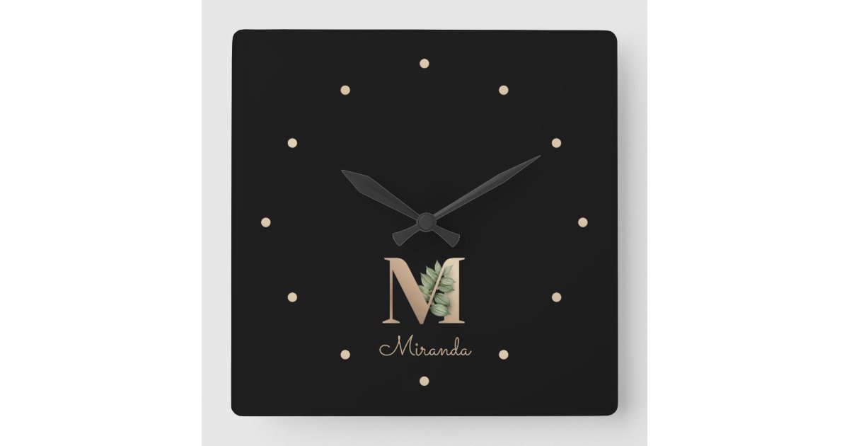 Elegant Botanical Monogram Letter M Square Wall Clock | Zazzle