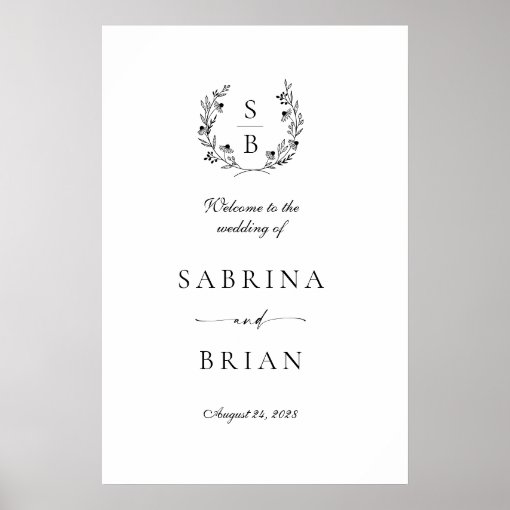 Elegant Botanical Monogram Wreath Wedding Welcome Poster | Zazzle