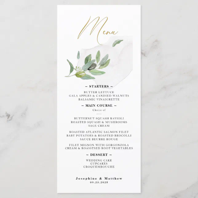 Elegant Botanical Olive Branch Calligraphy Script Menu | Zazzle