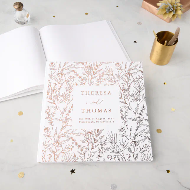Elegant Botanical Print Rose Wedding Foil Guest Book | Zazzle