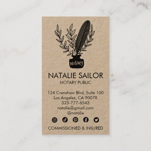 Elegant Botanical Quill Logo Notary Public Kraft Business Card | Zazzle