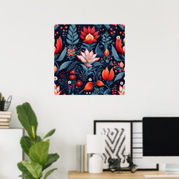Elegant Botanical Red Blue Teal Pattern MIdnight Poster | Zazzle