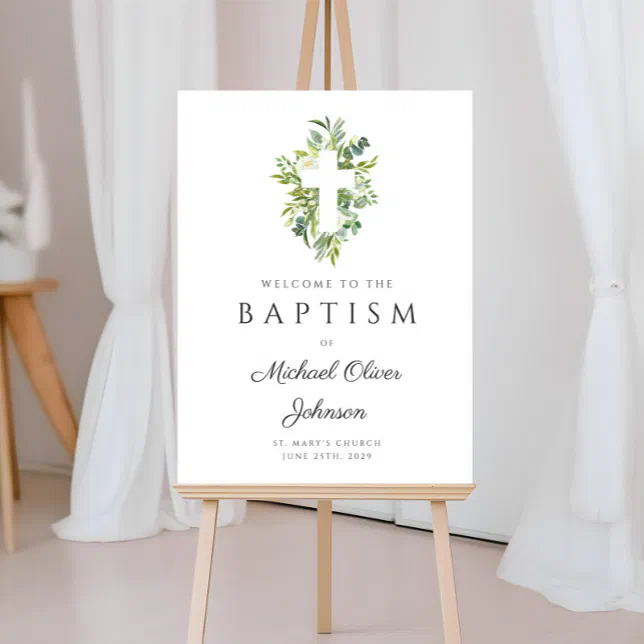 Elegant Botanical Religious Cross Baptism Welcome Foam Board | Zazzle