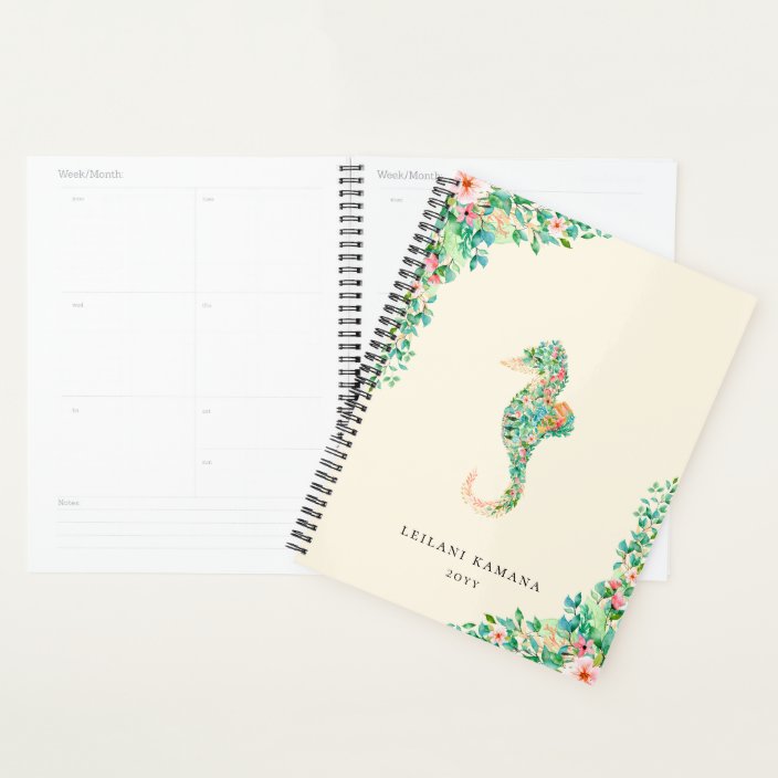 Elegant Botanical Seahorse | Sandy Beige Planner | Zazzle.com