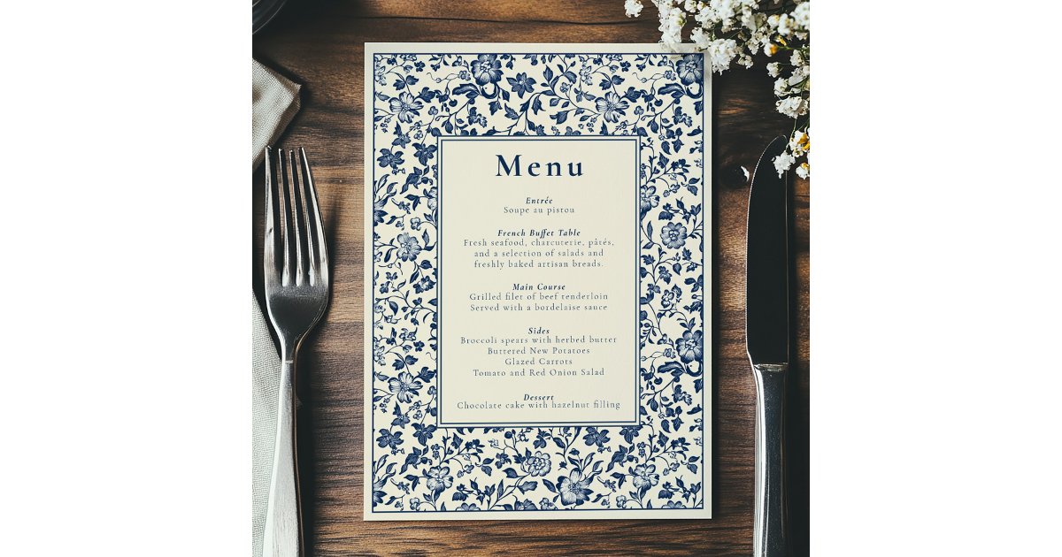 Elegant botanical-themed blue and cream menu | Zazzle